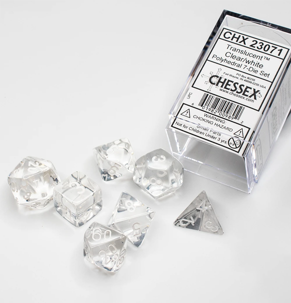 Translucent™ – Polyhedral Clear w/white 7-Die Set – Spilforsyningen