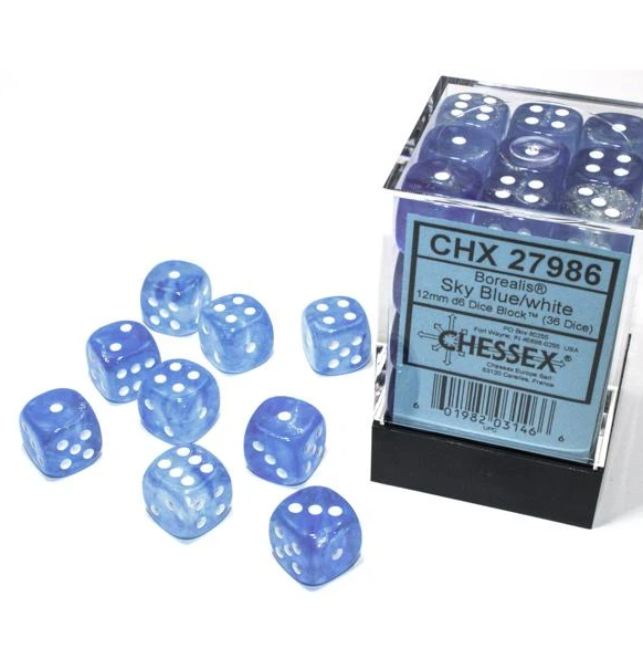 Borealis: 12mm d6 Sky Blue/white Luminary Dice – Spilforsyningen