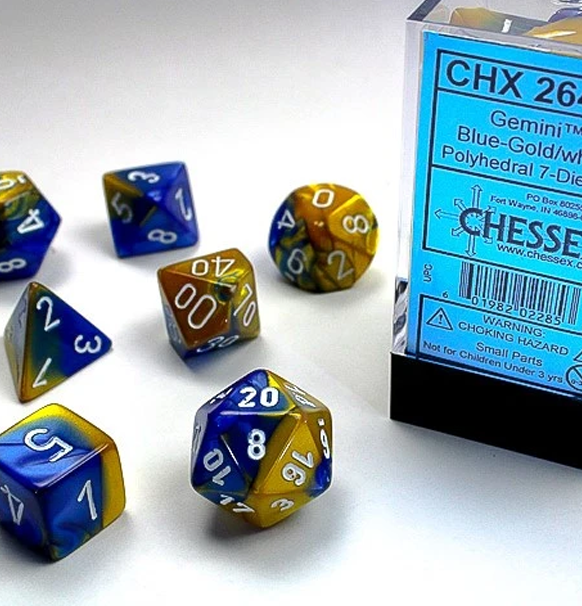 Gemini™ – Polyhedral Blue-Gold w/white 7-Die Set – Spilforsyningen
